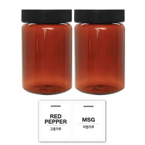 홈앤라이프 PET 갈색원형 양념통 검정캡 250ml 2p 세트, 1세트, 양념통 갈색원형 2p + 흰색스티커 (고춧가루 + 마법가루) - 가격
