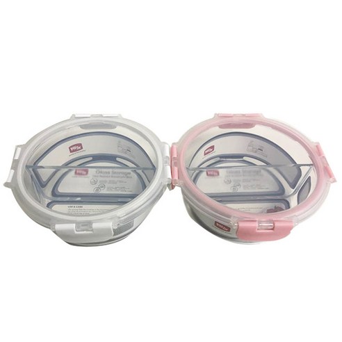 위녹스 칸칸이 나눔찬통 원형 2칸 밀폐용기 950ml x 2p, 용기 핑크 + 화이..., 1세트 - 밀폐용기/세트 | 쿠팡
