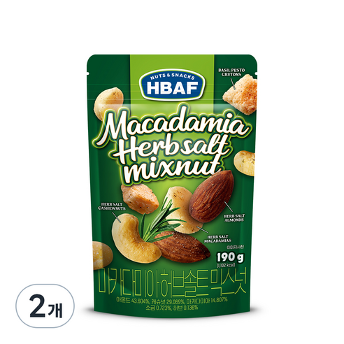 'HBAF 마카다미아 허브솔트 믹스넛, 190g, 2개' 최저가 검색, 최저가 10,800원 - 할인 알림