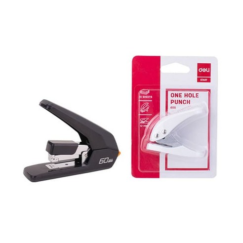 델리 버튼 슬림 이지 스테이플러 33호침용 E0465 + 미니 1공 펀치 E0111, 블랙(스테이플러), 랜덤발송(펀치), 1 ...