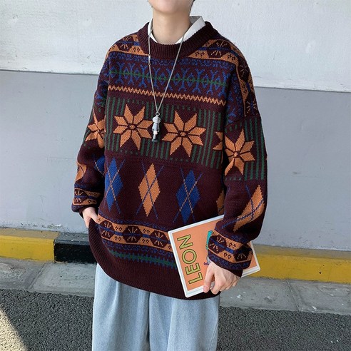 KORELAN 춘추형 빈티지 니트 스웨터남성 루즈핏 스웨터 라운드 칼라 캐주얼 니트 롱 슬리브 트렌드 - 가격 변동 추적 그래프 ...