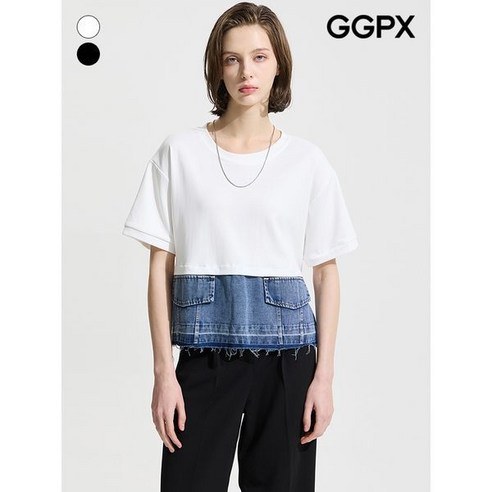 GGPX 밑단 데님 포인트 라운드넥 티셔츠 GP4TS024F - 티셔츠 | 쿠팡